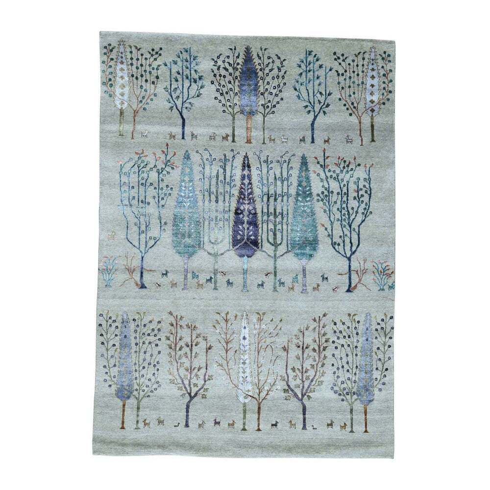 Shahbanu Rugs Handmade Cypress Tree Design Persian Grey Wool and Silk ...