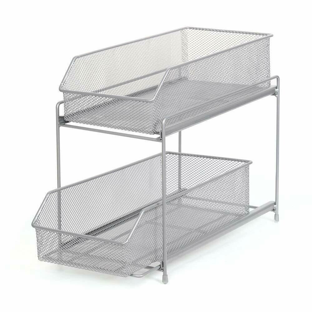 2 Tier Metal Mesh Drawer Organizer With Sliding Storage Drawer ,Silver ...