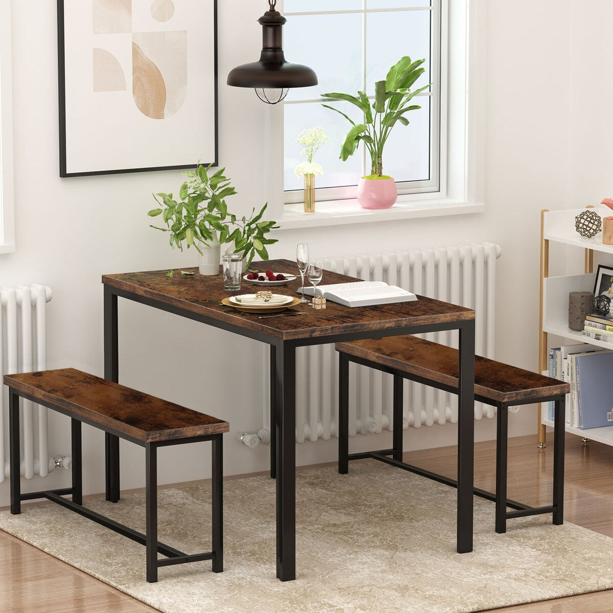 3 Pieces Farmhouse Kitchen Table Set with Two Benches, Metal Frame and ...