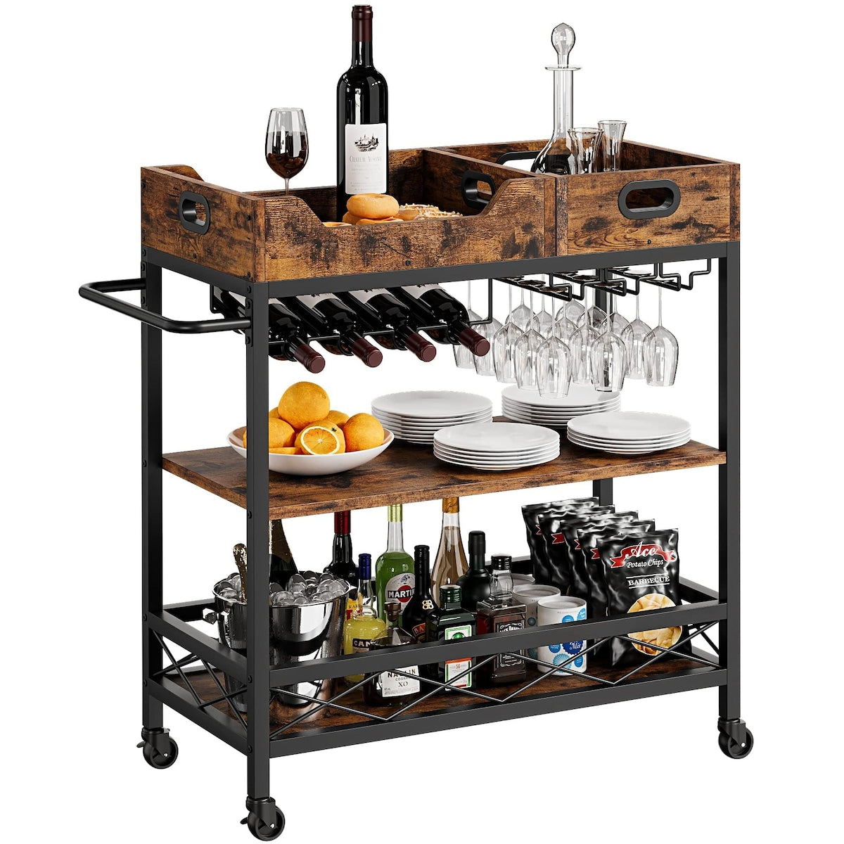 3-Tier Home Bar Cart, Rustic Brown Bar Cart with Wheels, Bar Cart ...