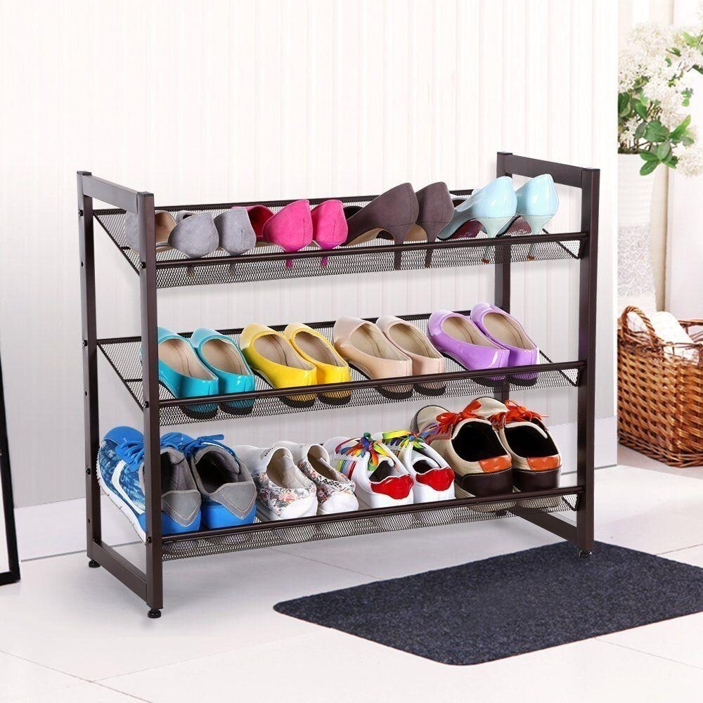 3-Tier Stackable Metal Shoe Rack Adjustable Organizer Shelf Closet Ent ...