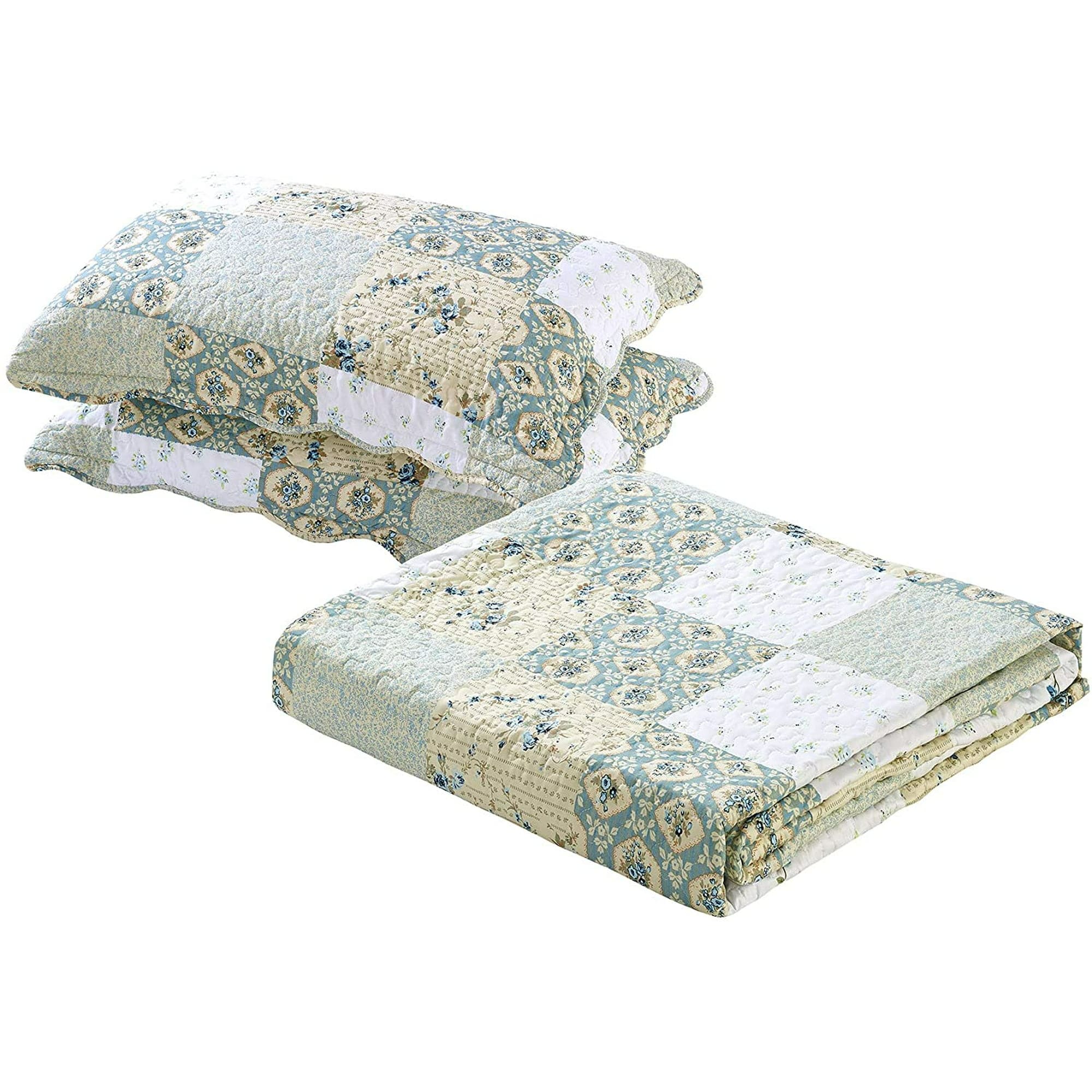 3pc Floral Printed Patchwork Blue/Green Bedspread/Quilt Set – Overstock