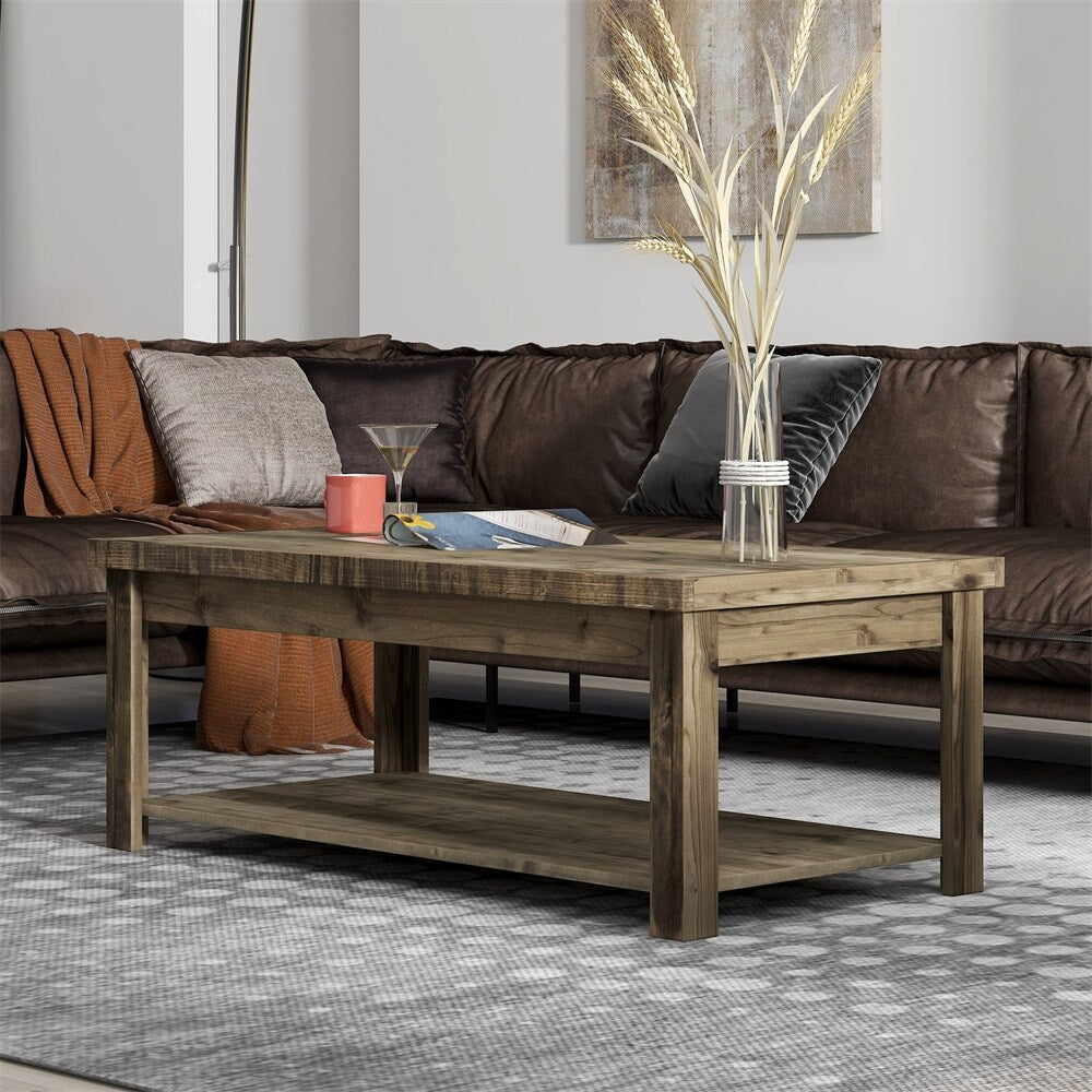 48" Fully Assembled Brown Coffee Table with Casters, Bottom Shelf ...
