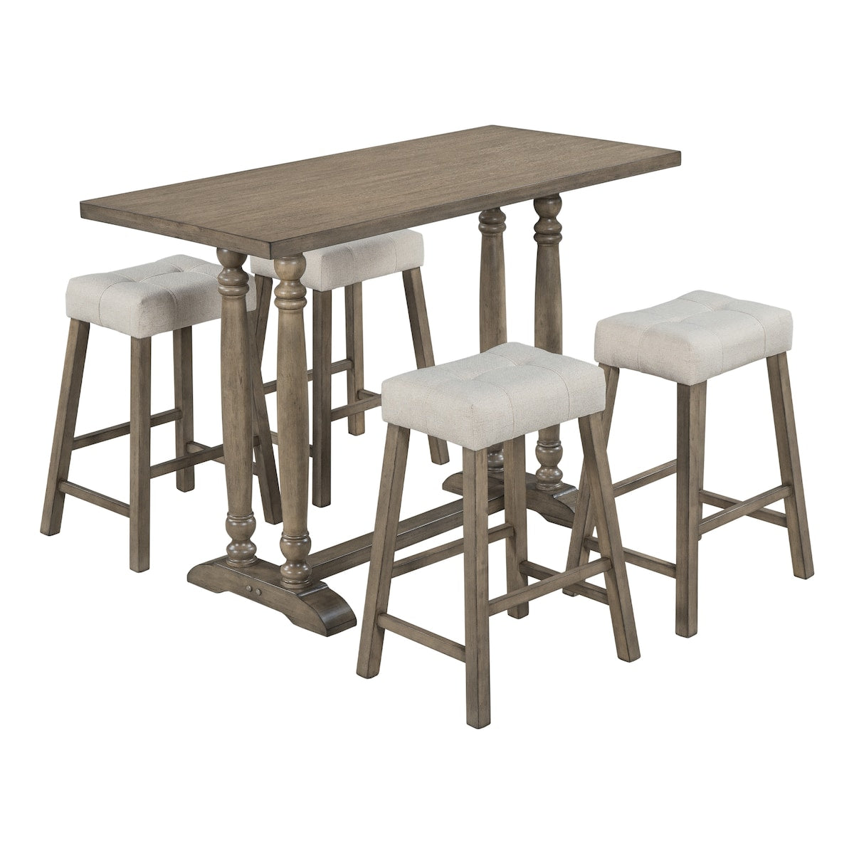 5-Piece Dining Table Set with Rustic Table & 4 Upholstered Stools ...