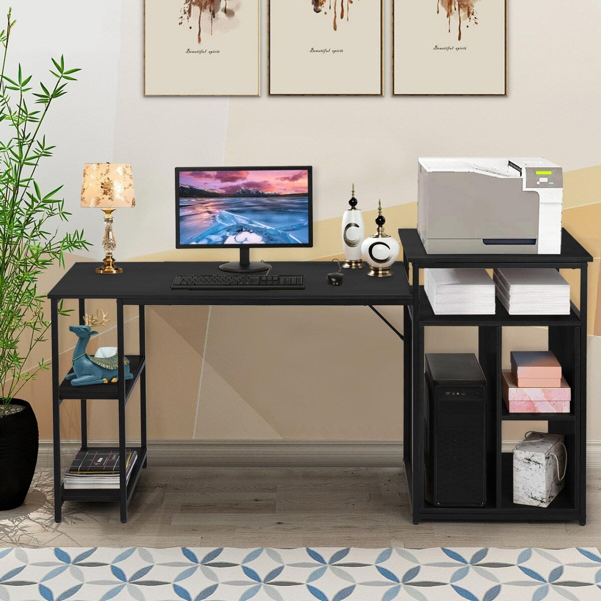 Computer Desk With Printer Stand, Shelf, Large Desk With Bookshelf 47i ...