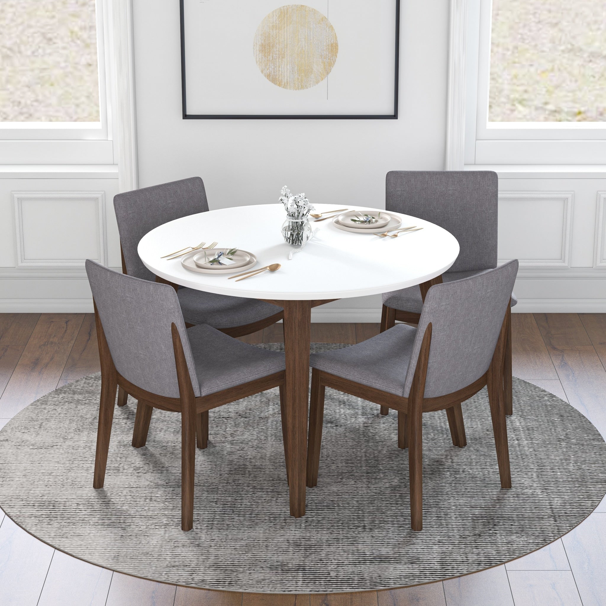 Huntley 5-Piece Mid-Century Modern Round Dining Set w/4 Linen Dining C ...