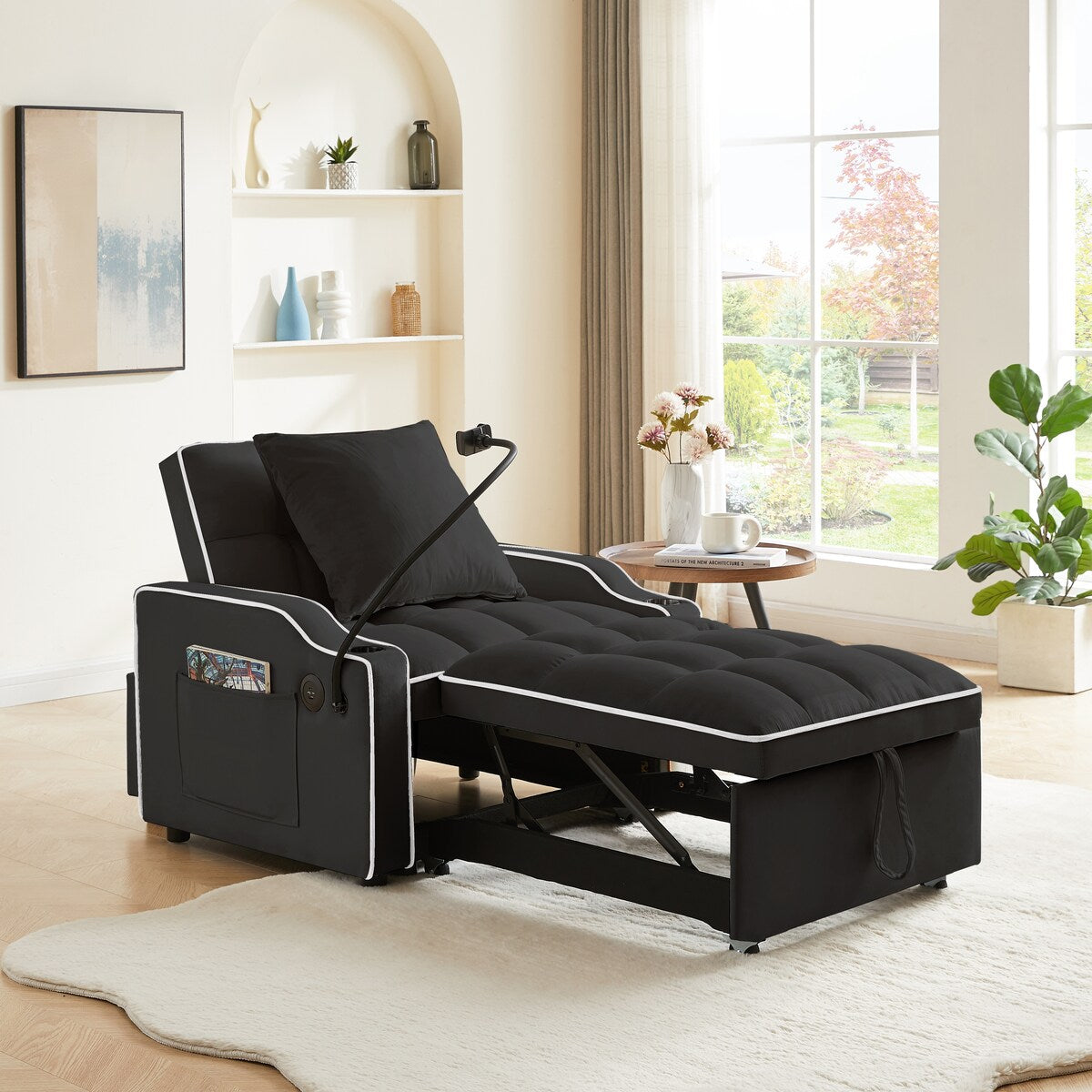 Modern Black Velvet 3-in-1 Convertible Sleeper Chair Sofa Bed,Multi-Po ...