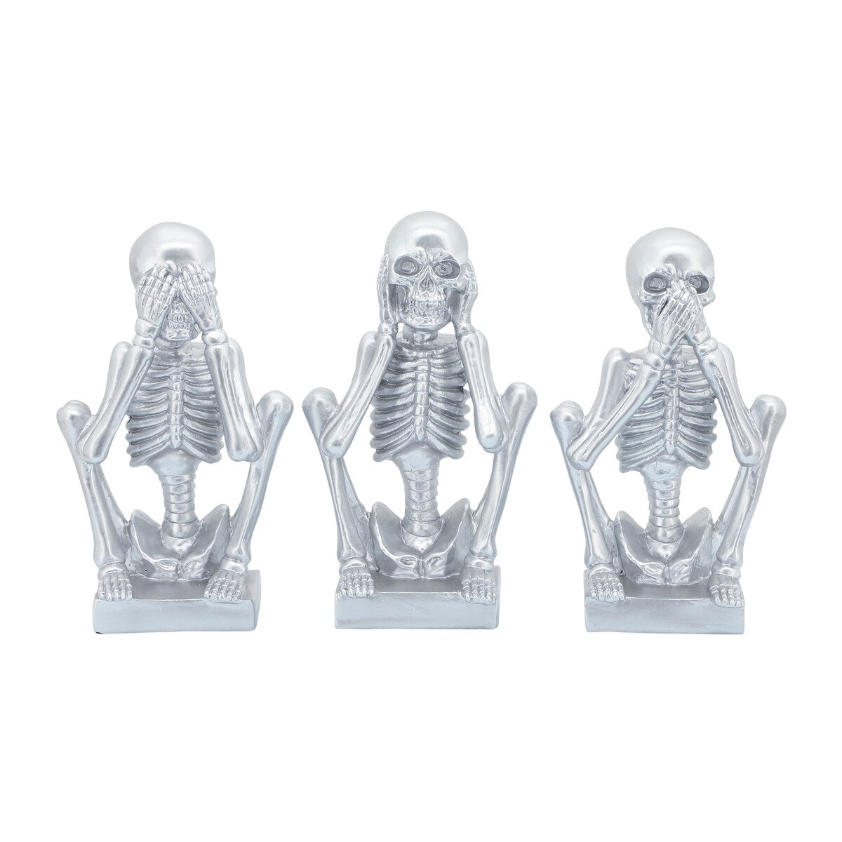 Set of 3 Silver Skeleton Sculptures See No Evil Hear No Evil Speak No ...